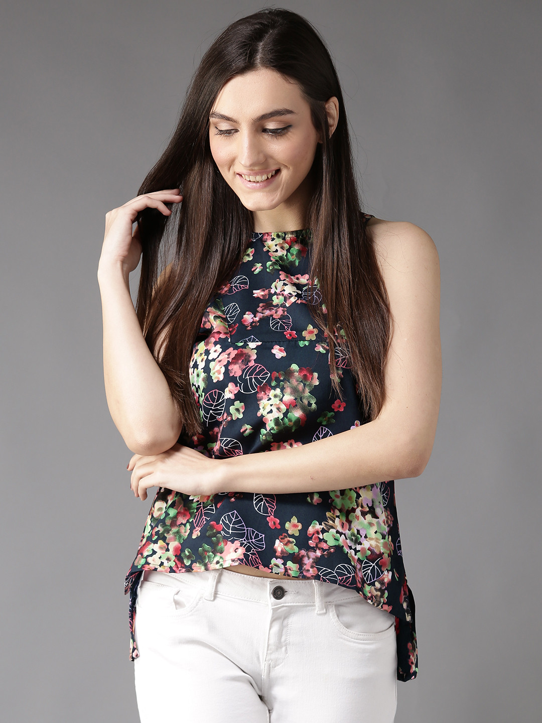 Buy HERE&NOW Women Navy Floral Print High Low Top - Tops for Women ...