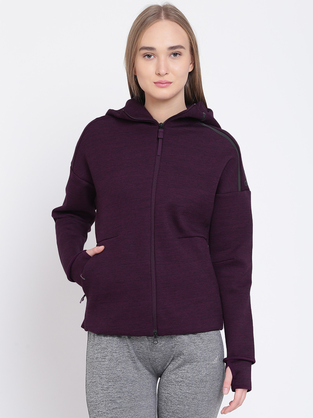Buy ADIDAS Women Purple ZNE Storm Heathered Hooded Solid Sporty Jacket ...