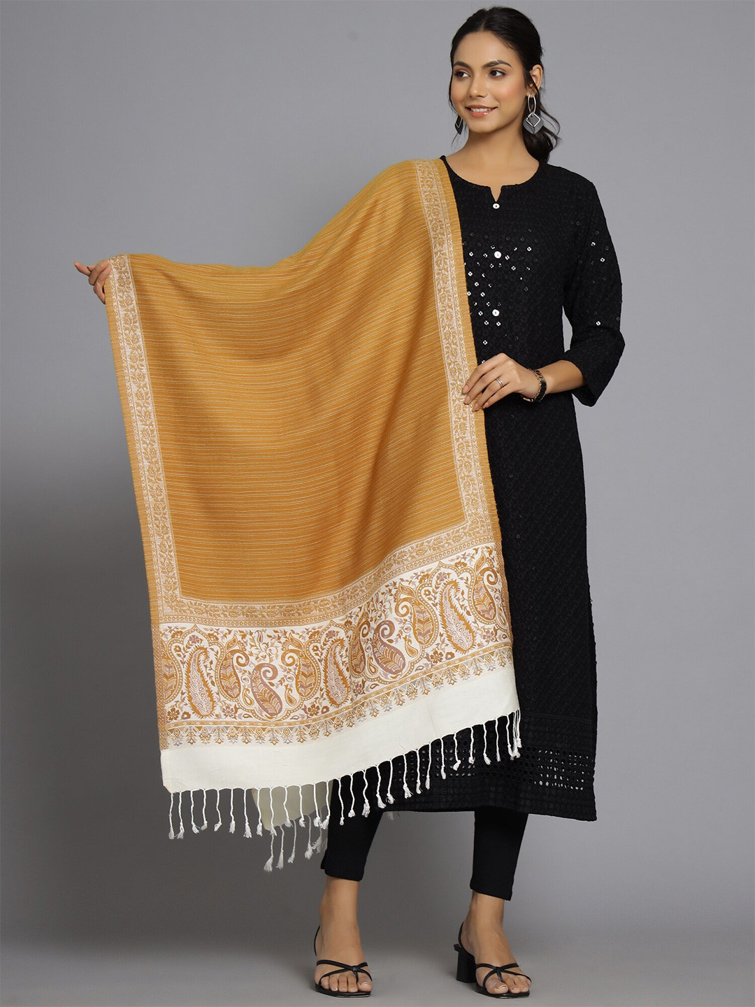 Buy HANDICRAFT PALACE Women Mustard Yellow & Off White Woven Design ...