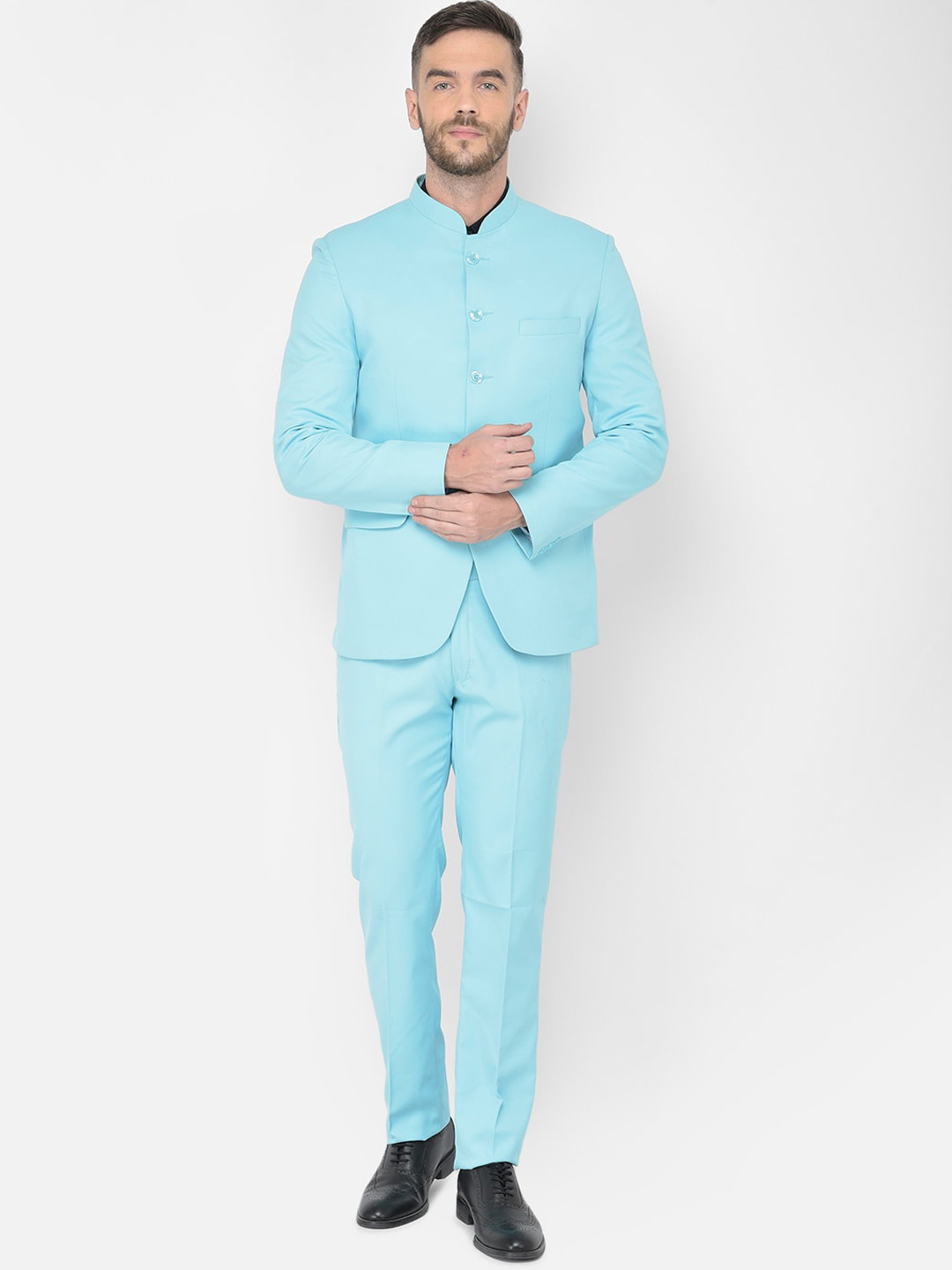 Buy SG RAJASAHAB Men Turquoise Blue Solid Single Breasted 2 Piece ...