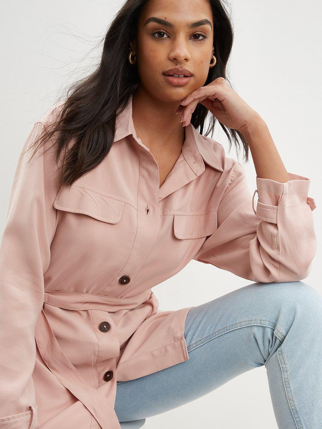 Buy DOROTHY PERKINS Women Pink Solid Twill Shacket With Belt - Shackets ...