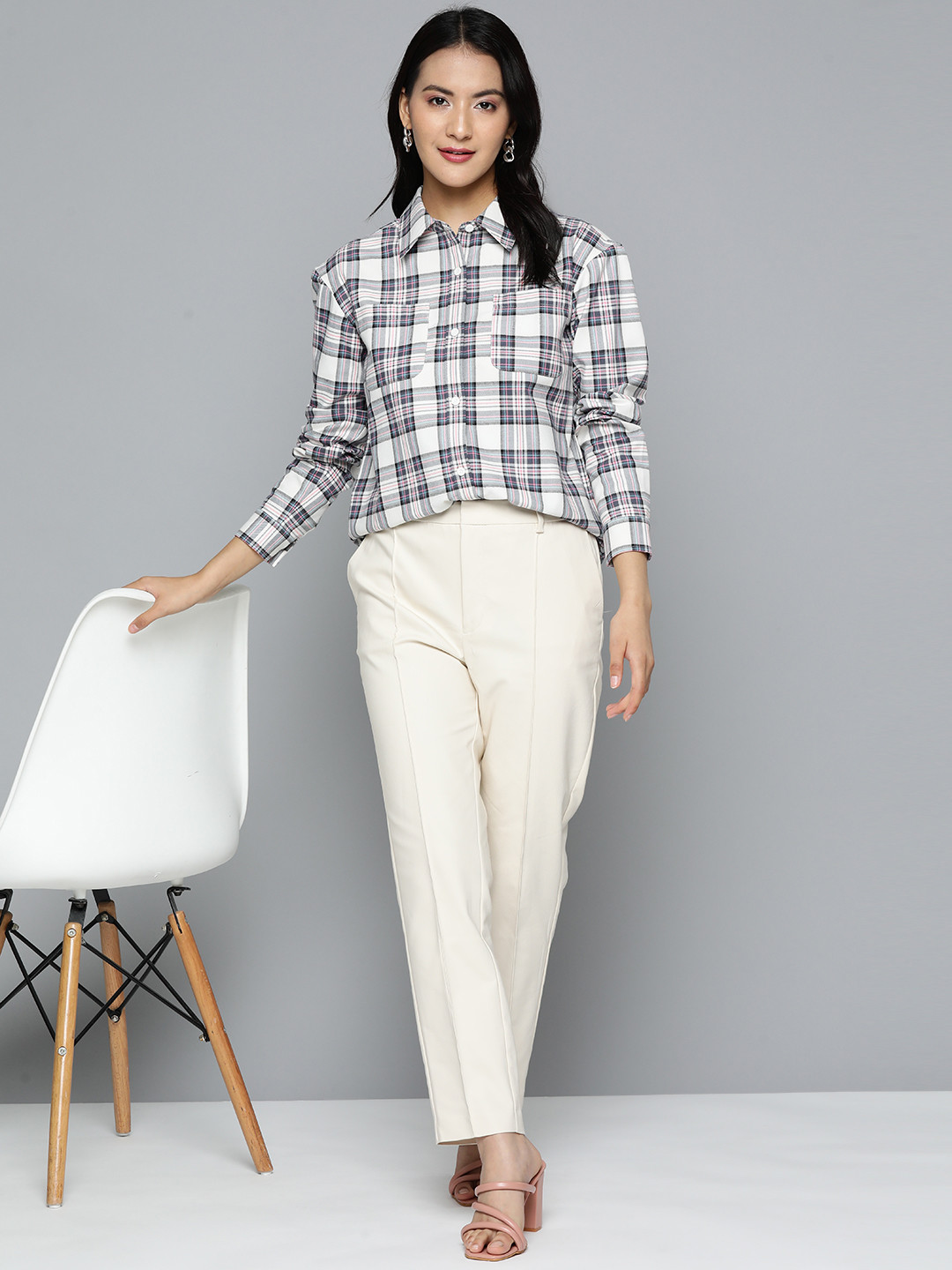 Buy HERE&NOW White & Grey Tartan Checks Casual Shirt - Shirts for Women ...