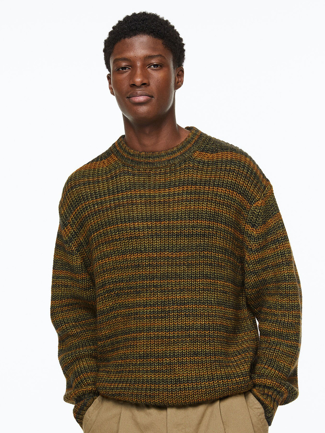 Buy H&M Men Green & Yellow Relaxed Fit Rib Knit Jumper - Sweaters for ...