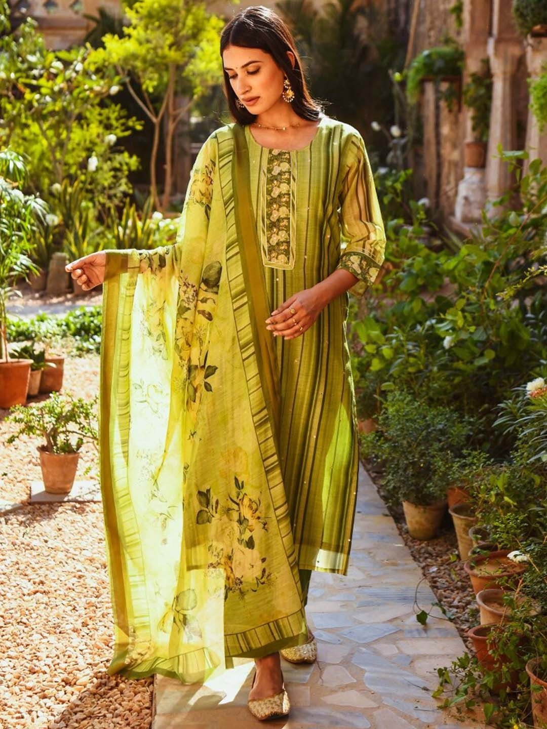 Buy KARAJ JAIPUR Green Embroidered Beads And Stones Kurta With Trousers ...
