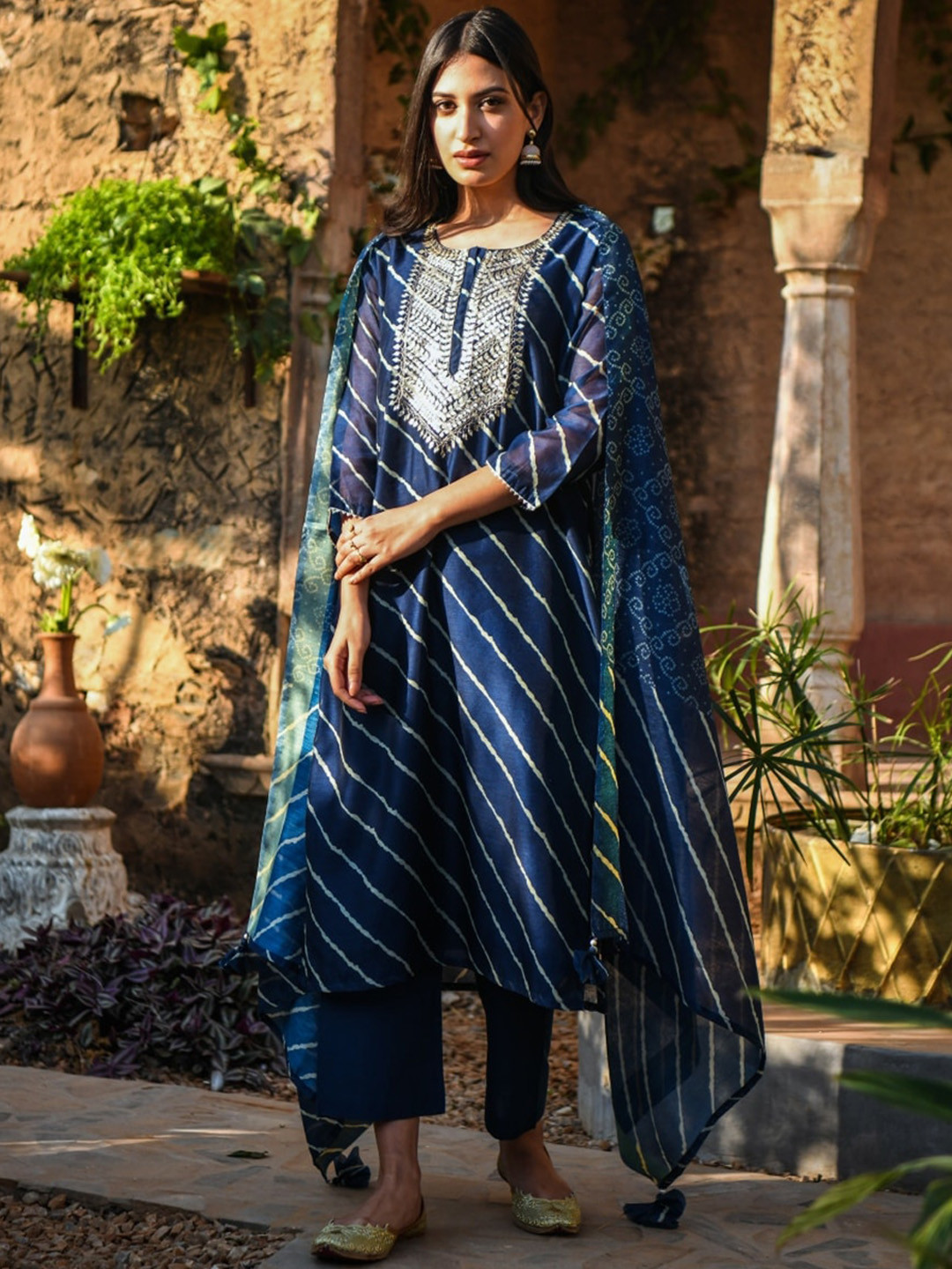 Buy KARAJ JAIPUR Navy Blue Embroidered Kurta With Trousers & Dupatta ...
