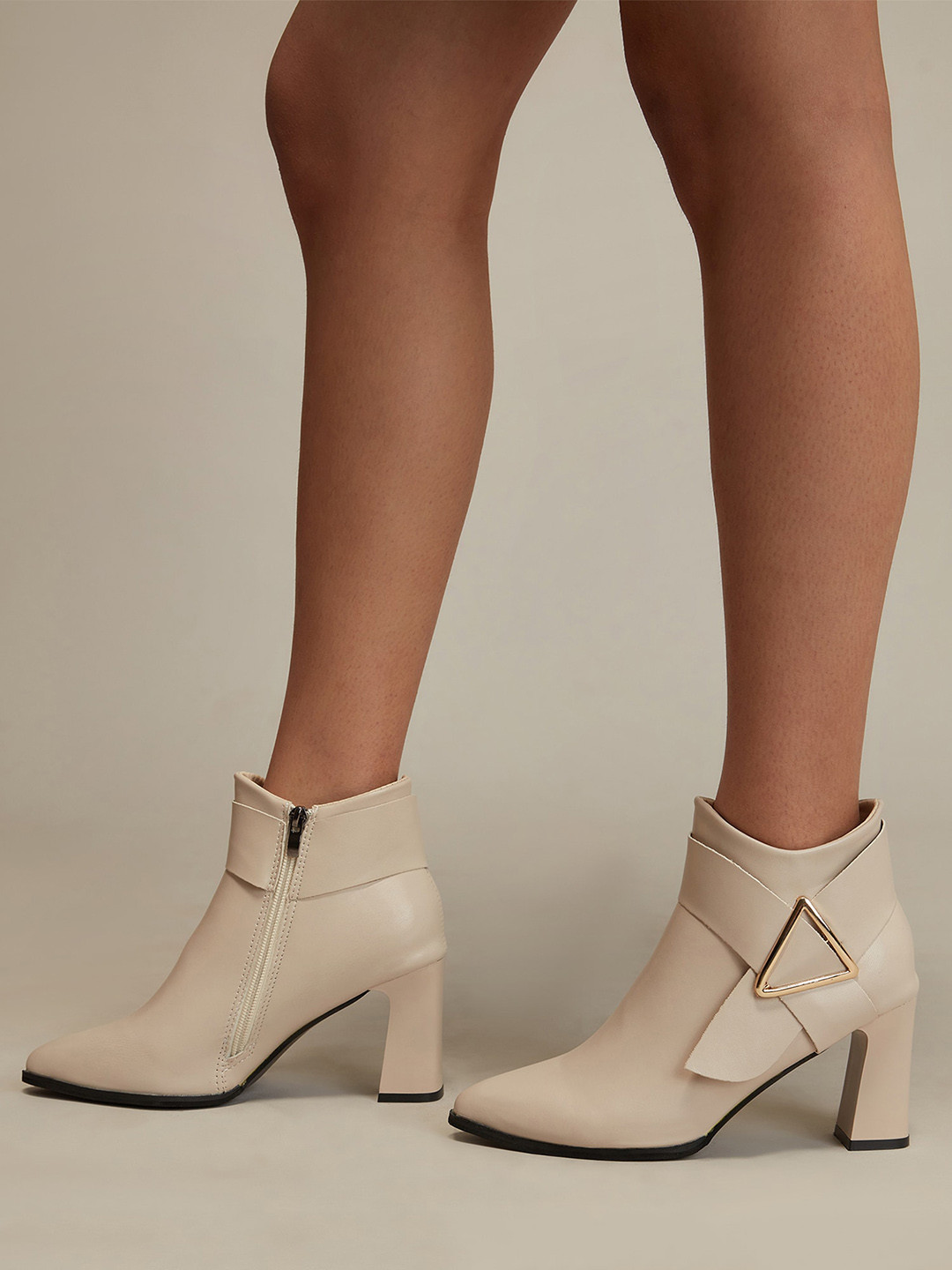 Buy 20Dresses Women Cream Pointed Toe Ankle Length Block Heel Boots ...