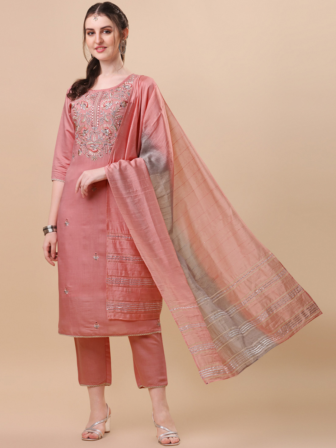 Buy Berrylicious Women Pink Floral Embroidered Chanderi Cotton Kurta ...