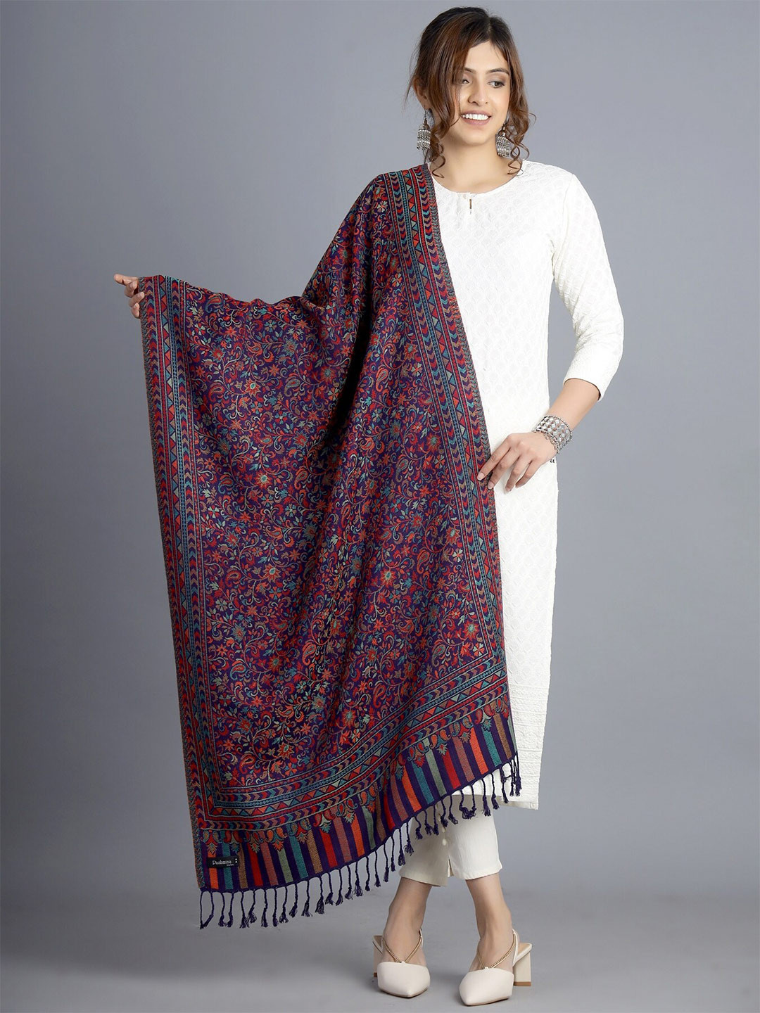 Buy HANDICRAFT PALACE Women Violet & Red Woven Design Wool Stole ...