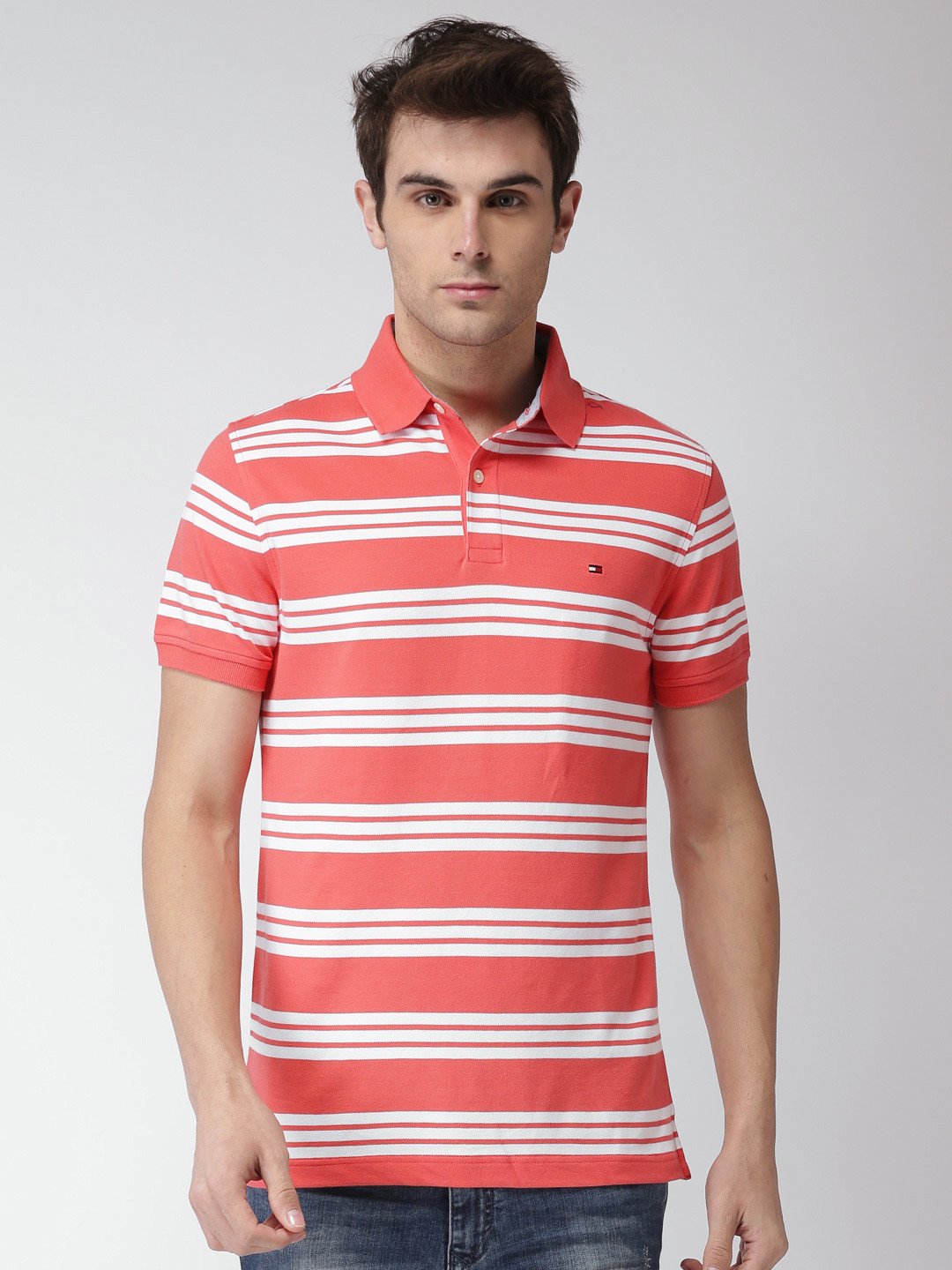 Buy Tommy Hilfiger Men Red Striped Polo Collar T Shirt - Tshirts for ...