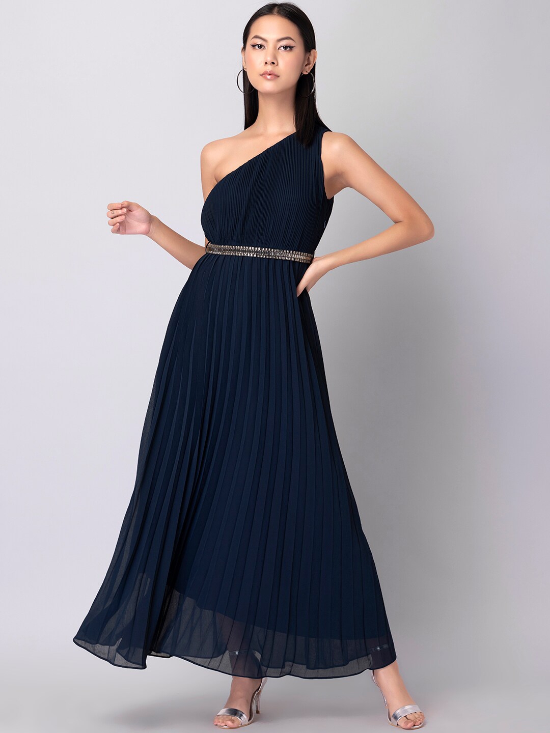 Buy Faballey Women Navy Blue One Shoulder Maxi Dress Dresses For