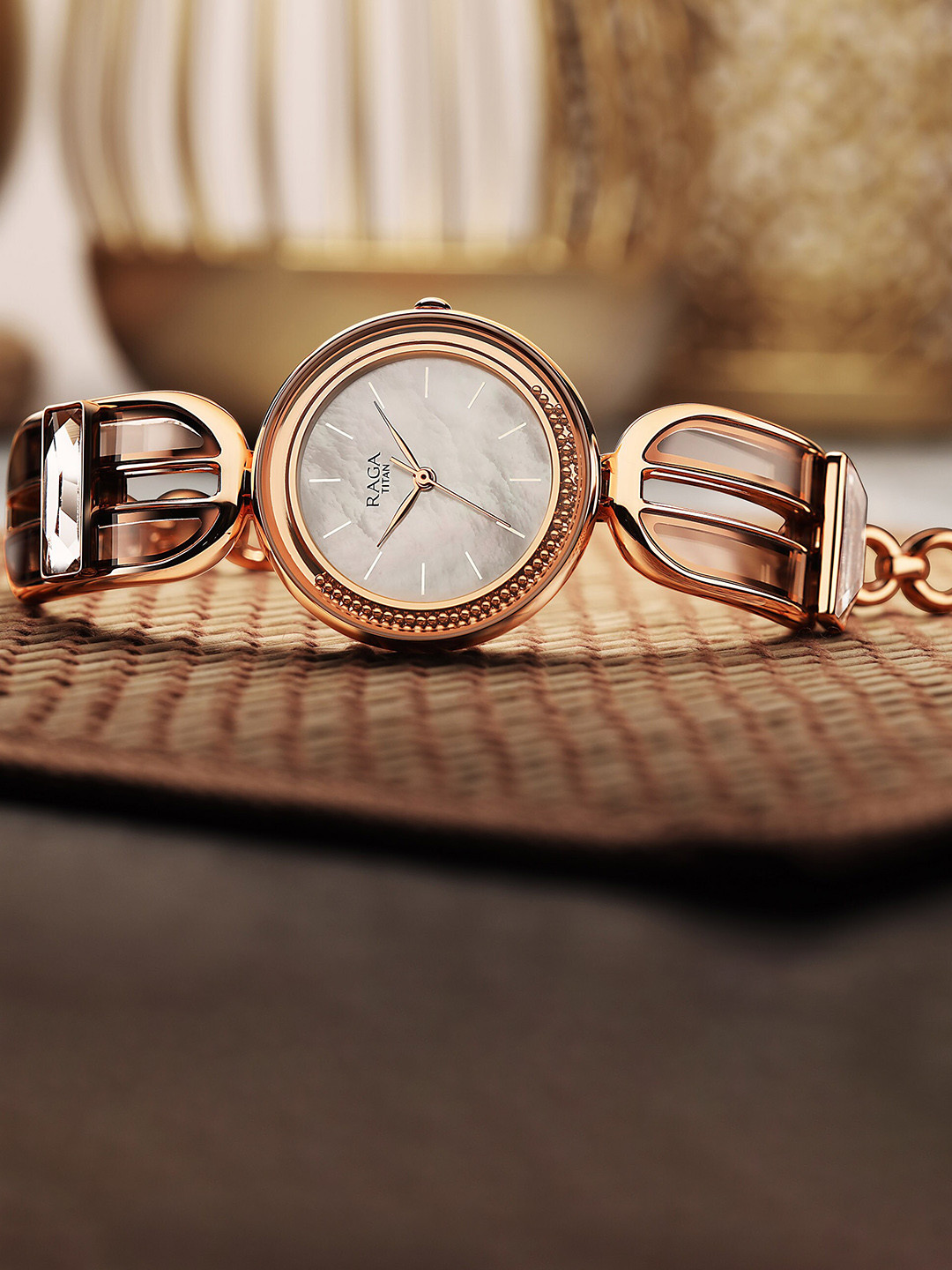Buy Titan Women White Brass Mother Of Pearl Dial & Rose Gold Toned ...