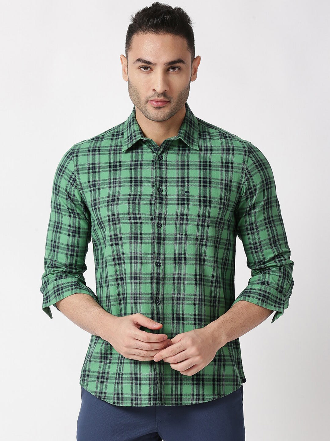 Buy Basics Men Green Slim Fit Checked Cotton Casual Shirt - Shirts for ...