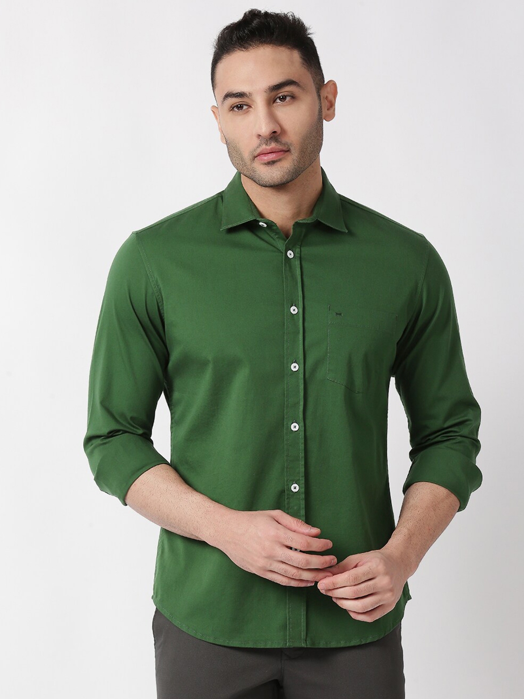 Buy Basics Men Green Slim Fit Cotton Casual Shirt - Shirts for Men ...
