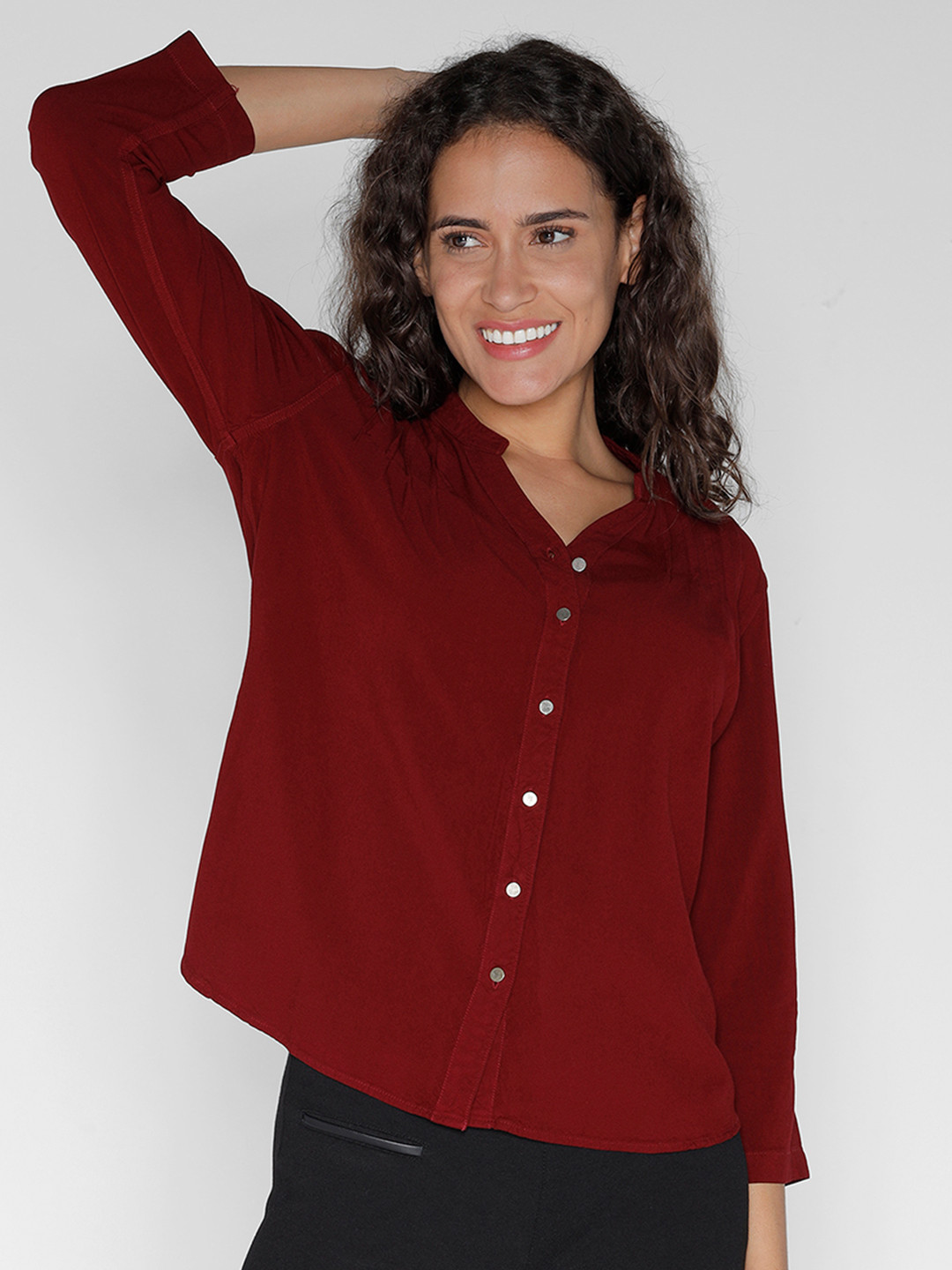 Buy IDENTITI Maroon Mandarin Collar Shirt Style Top - Tops for Women ...