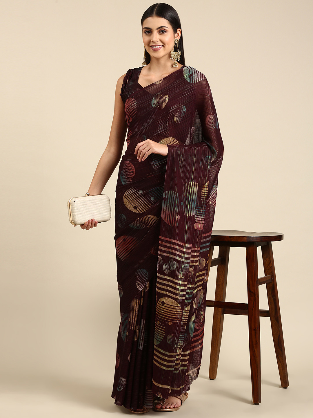 Buy Mitera Purple Geometric Printed Pure Georgette Saree - Sarees for ...