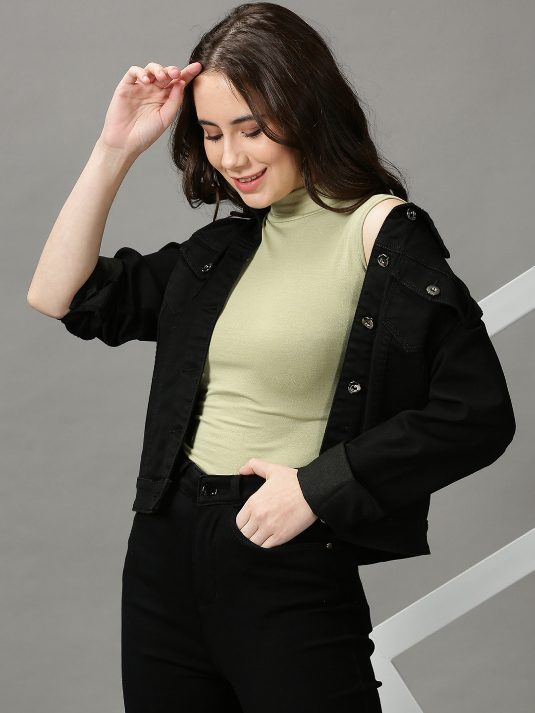Buy SHOWOFF Women Olive Green High Neck Solid Top - Tops for Women ...