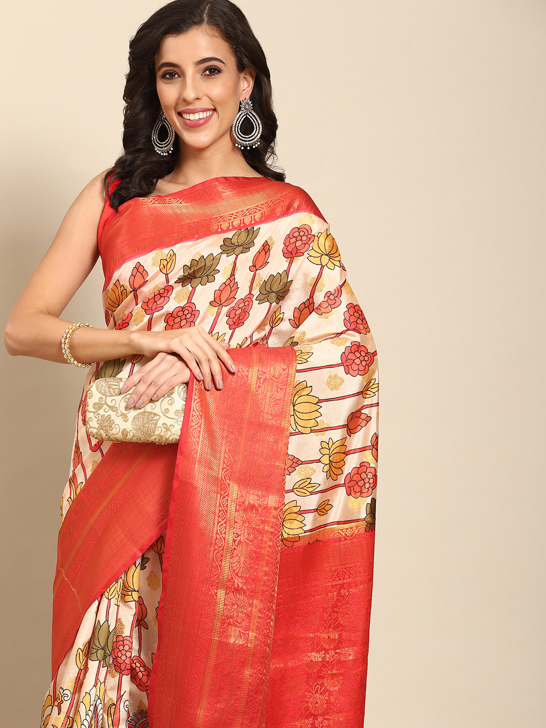 Buy Silk Land Kalamkari Zari Art Silk Kanjeevaram Saree - Sarees for ...