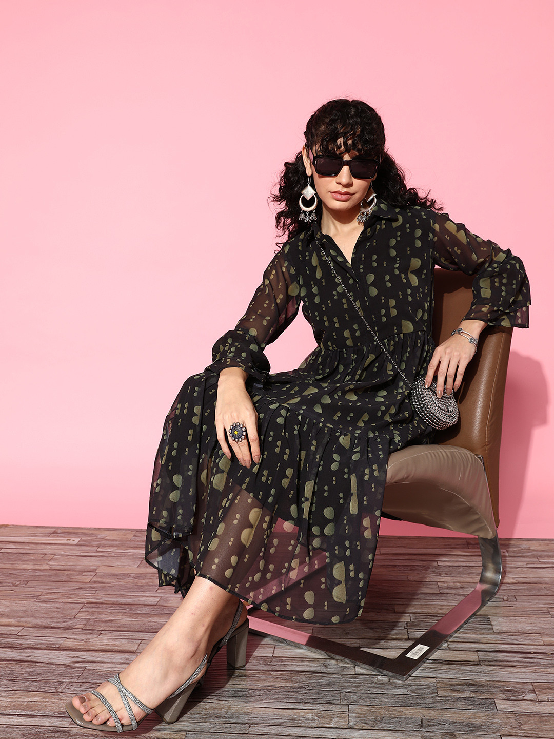 Buy RAJGRANTH Black & Green Floral Georgette A Line Midi Dress ...