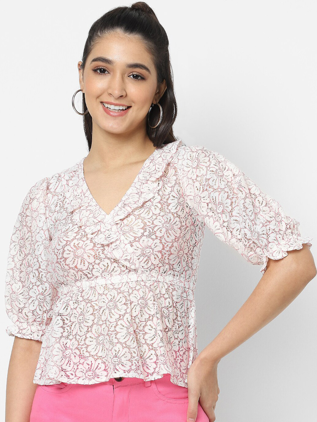 Buy VASTRADO White Floral Print Ruffles Lace Top - Tops for Women ...