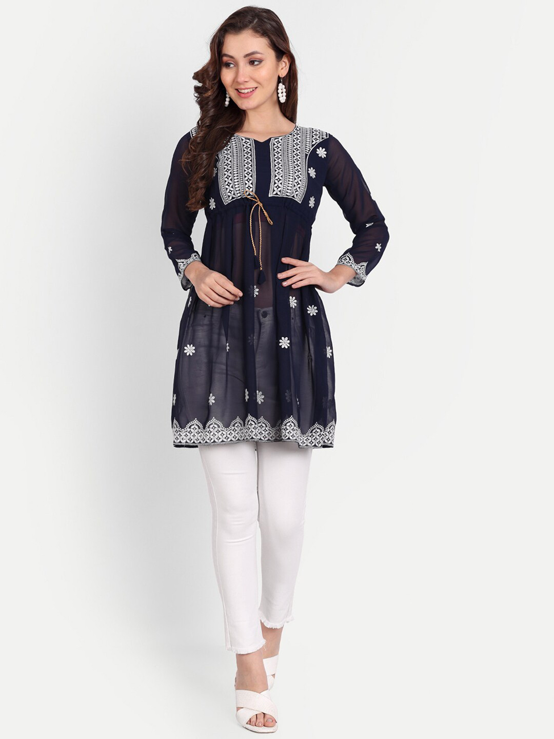 Buy WEAVETECH IMPEX Blue Heavy Embroderied Work Longline Top - Kurtis ...