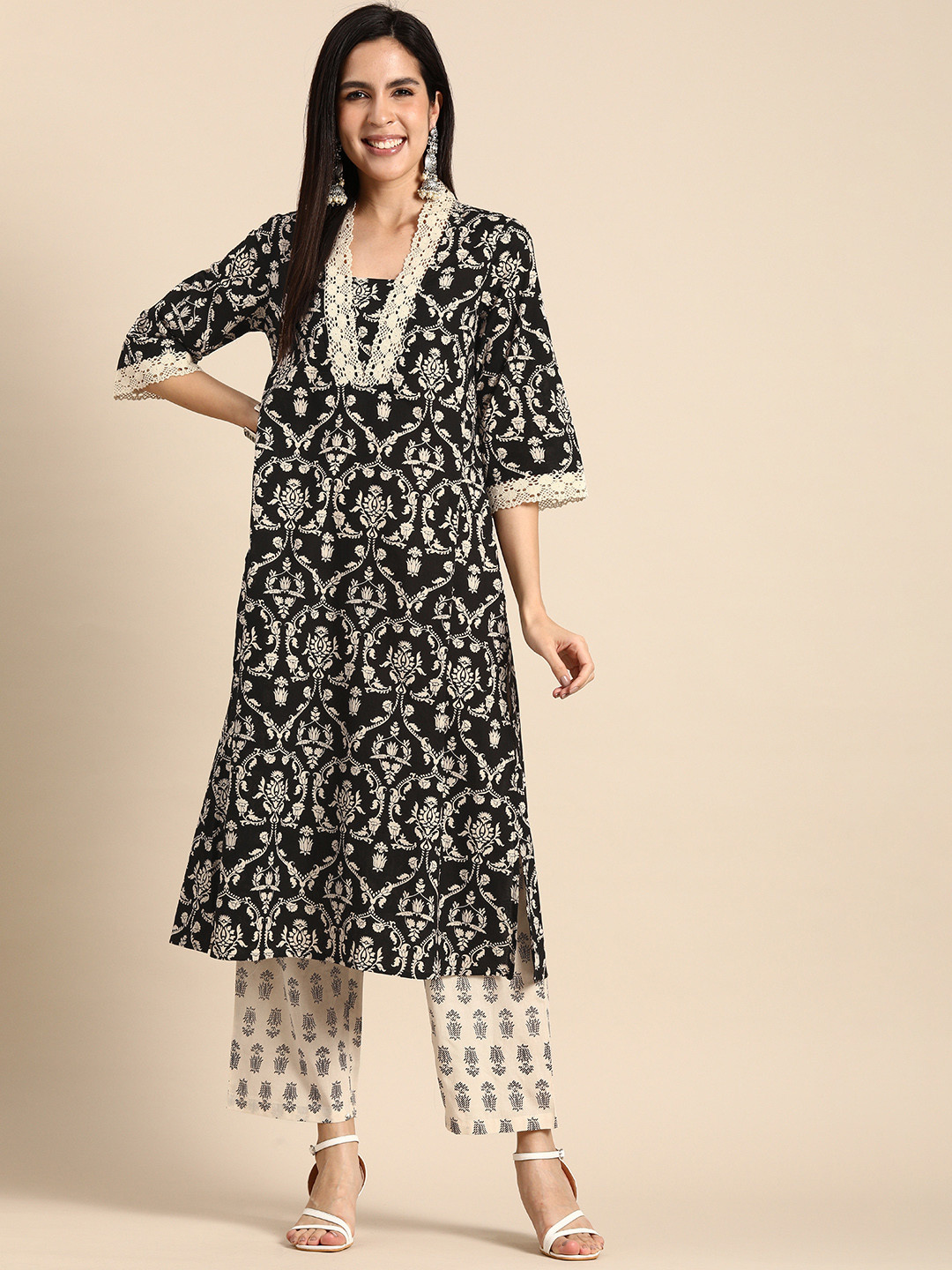 Buy Anouk Women Pure Cotton Ethnic Motifs Printed Kurta With Trousers ...