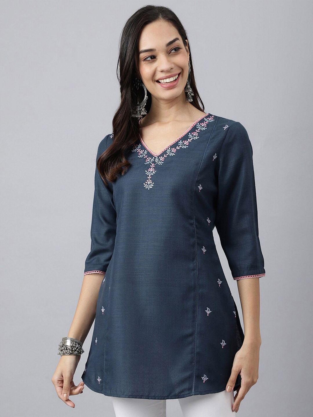 Buy MEESAN Navy Blue & Pink Embroidered Cotton Tunic - Tunics for Women ...