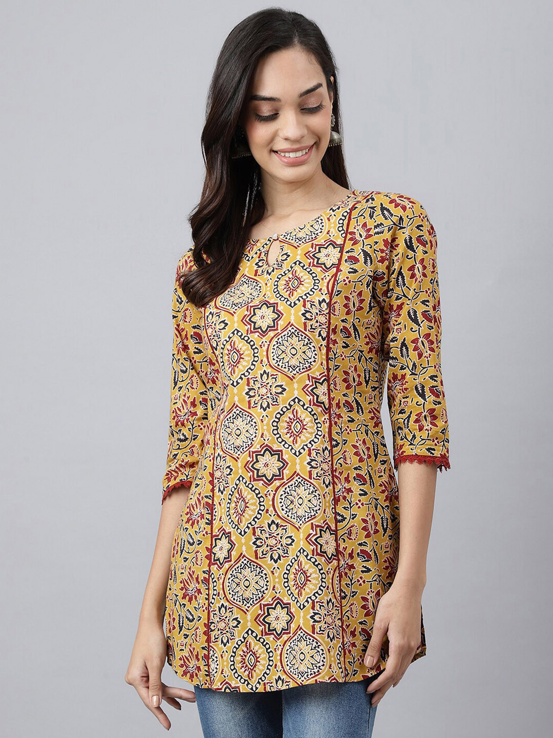 Buy MEESAN Mustard & Maroon Cotton Printed Tunic - Tunics for Women ...