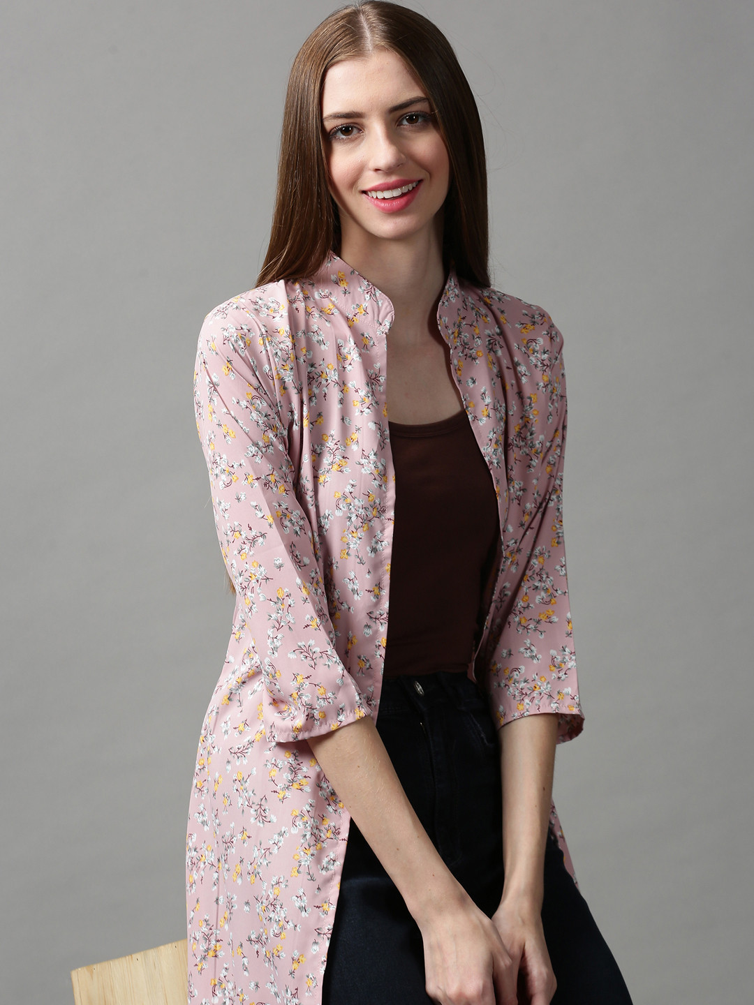 Buy SHOWOFF Women Mauve & White Printed Longline Shrug - Shrug for ...