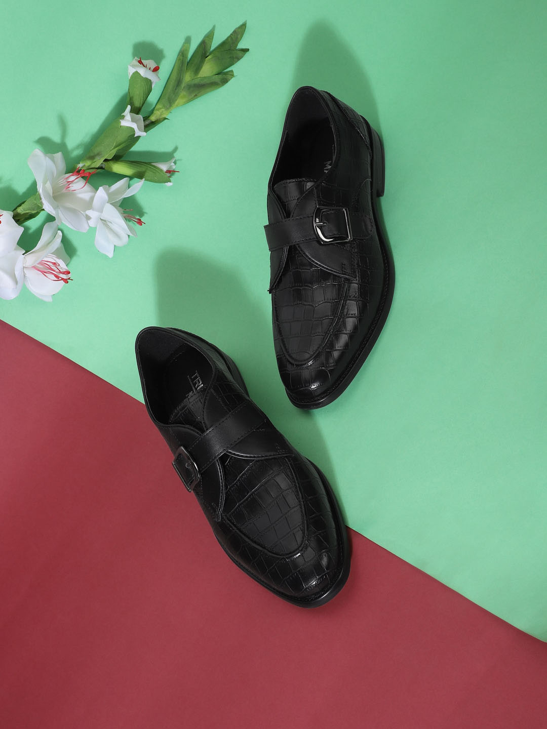 Buy Truffle Collection Men Black Textured Monk Formal Shoes - Formal ...