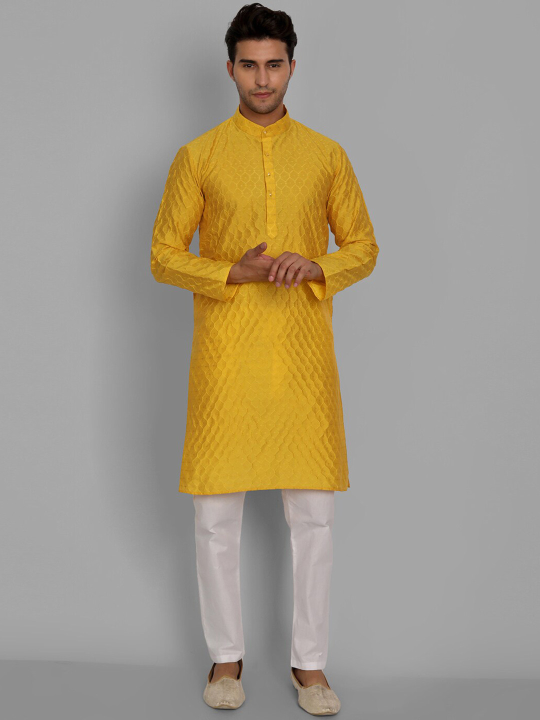 Buy Pakiza Men Yellow Thread Work Kurta With Pyjamas - Kurta Sets for ...