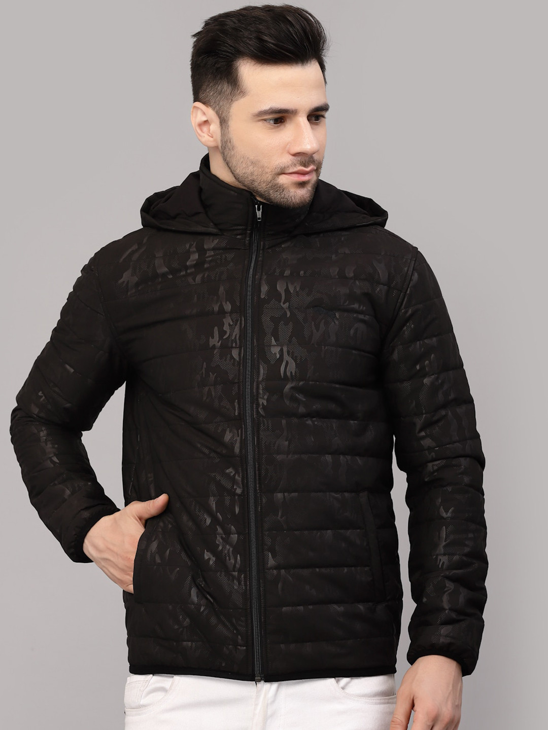 Buy JUMP USA Men Black Camouflage Lightweight Puffer Jacket - Jackets ...