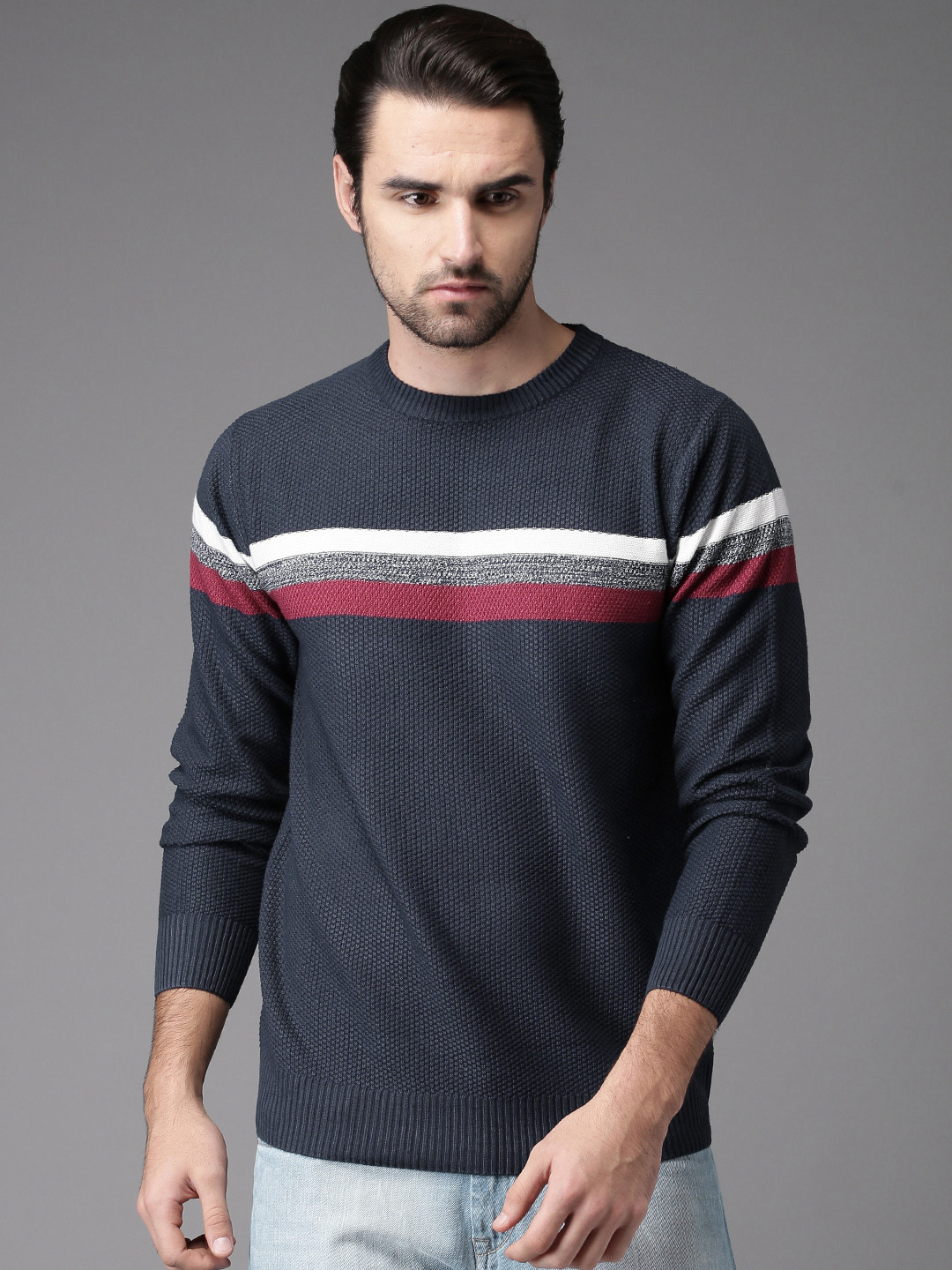 Buy HERE&NOW Men Navy Blue Self Design Pullover - Sweaters for Men ...