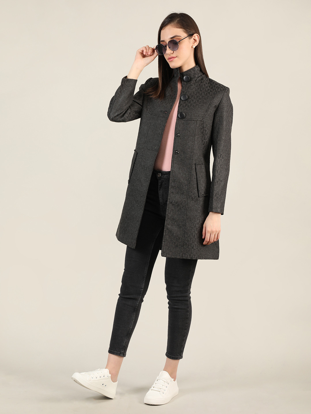Buy Dlanxa Women Black Self Design Hip Length Overcoat - Coats for ...