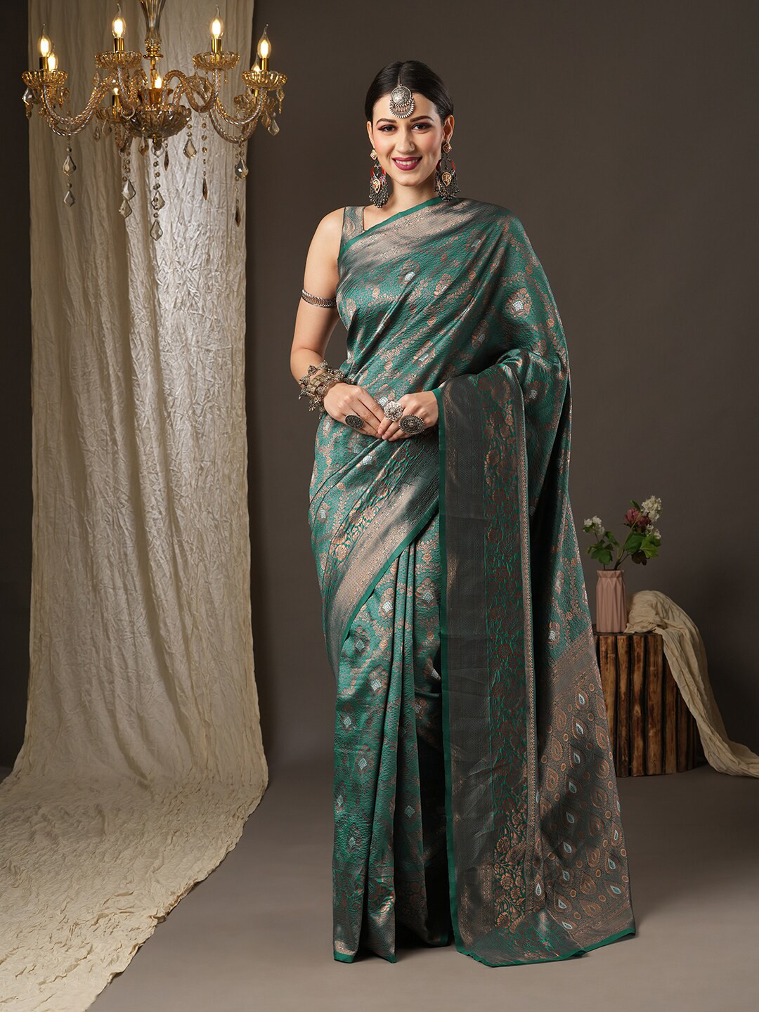 Buy Saree Mall Teal Blue & Copper Toned Woven Design Zari Silk Blend ...