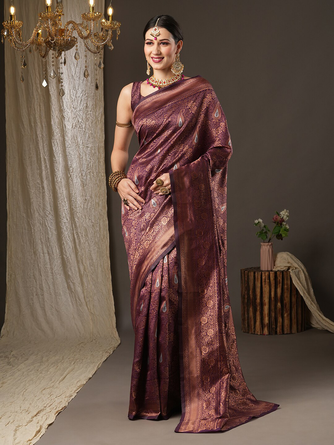 Buy Saree Mall Burgundy & Copper Toned Woven Design Zari Silk Blend ...