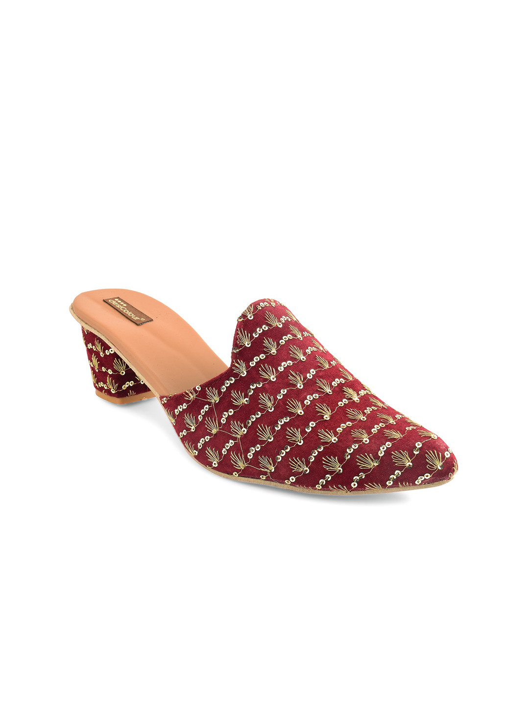 Buy DESI COLOUR Women Maroon & Gold Embellished Ethnic Block Mules ...