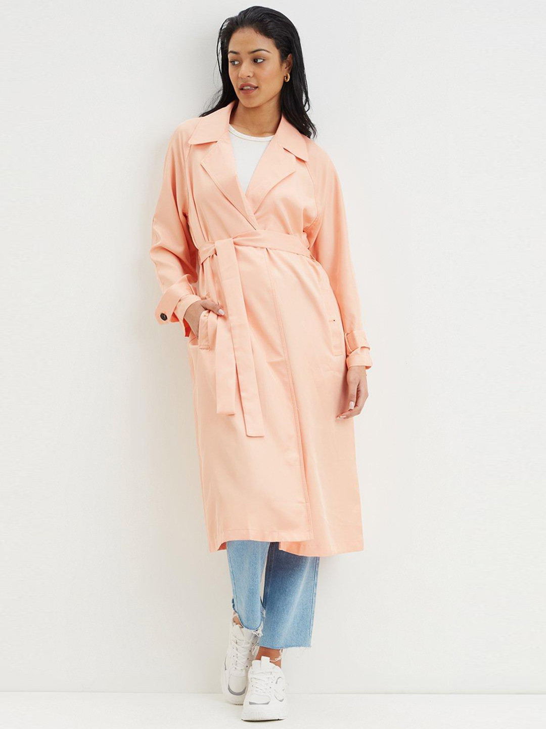 Buy DOROTHY PERKINS Women Peach Coloured Solid Cotton Longline Trench ...