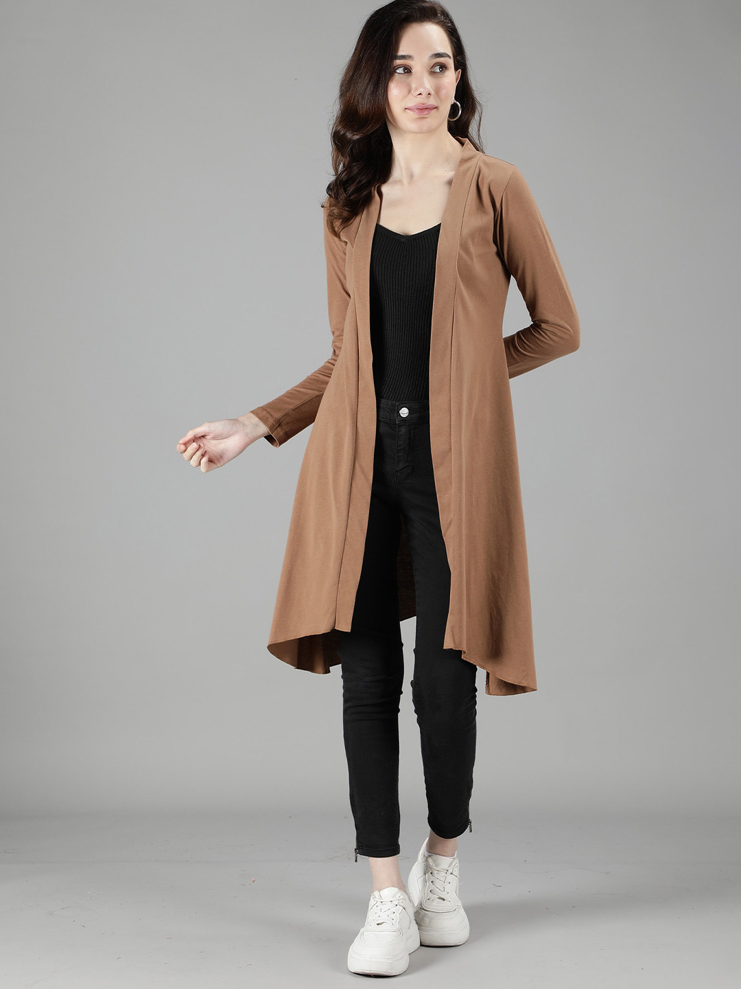 Buy Nimble Women Brown Longline Open Front Cotton Shrug - Shrug for ...