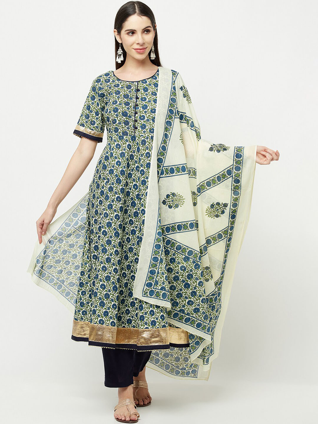 Buy Senyora Blue Floral Printed Pure Cotton Kurta With Trousers & With ...