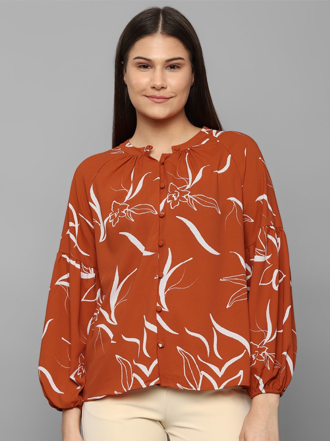 Buy Allen Solly Woman Orange Printed Mandarin Collar Top Tops For