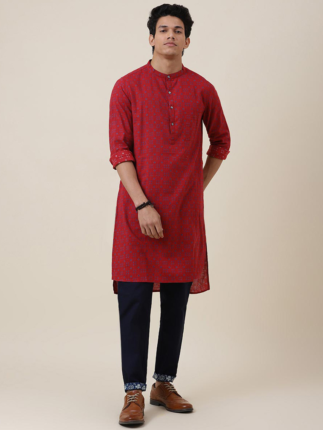 Buy Fabindia FabBasic Men Red Floral Printed Cotton High Low Kurta ...