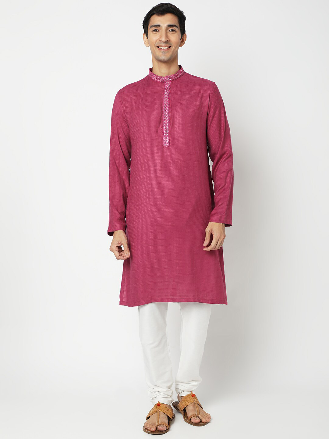 Buy Ethnicity Mandarin Collar Woven Design Embroidered Kurta - Kurtas ...