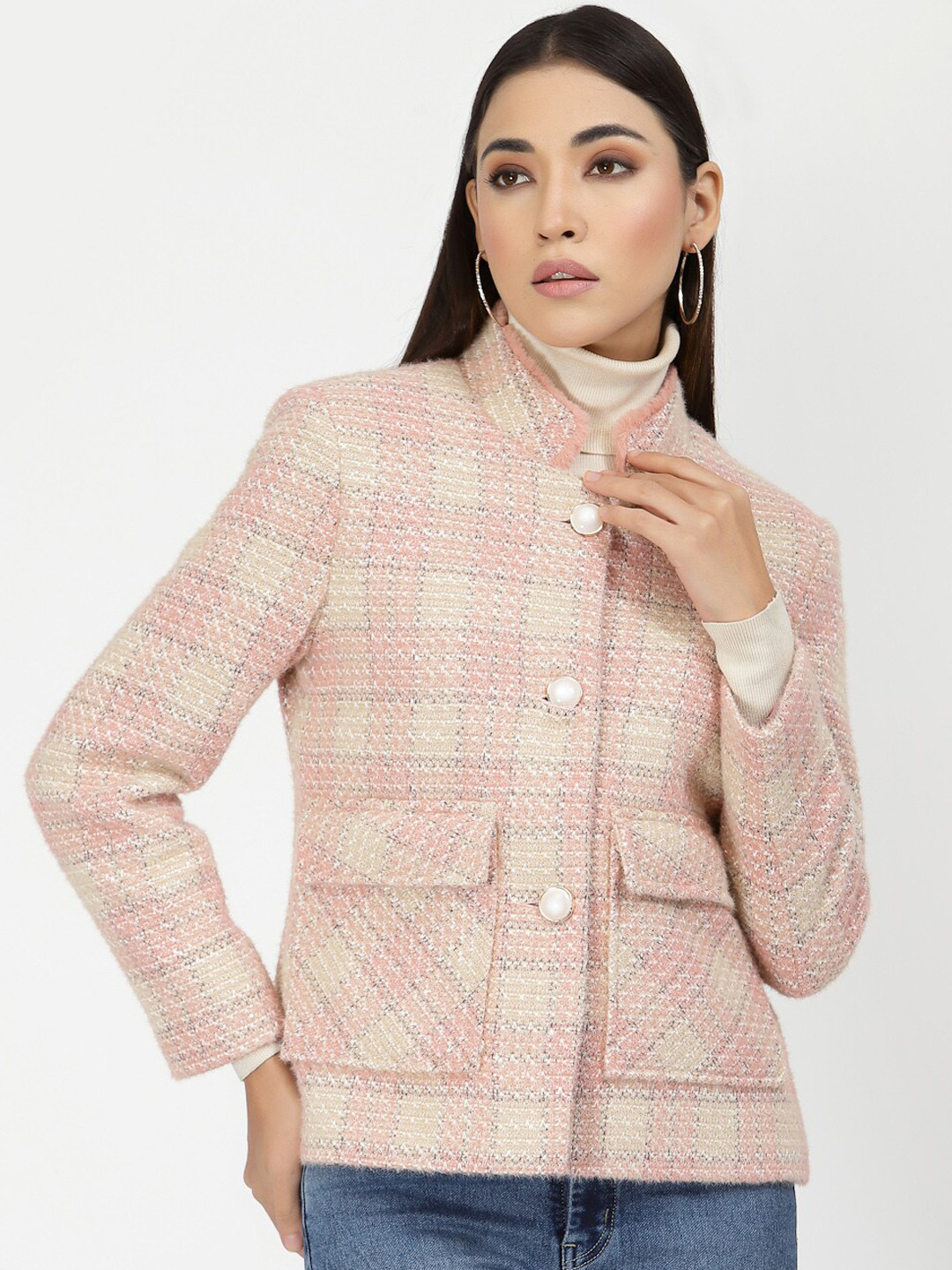 Buy Juelle Women Peach Color Checked Short Coats - Coats for Women ...