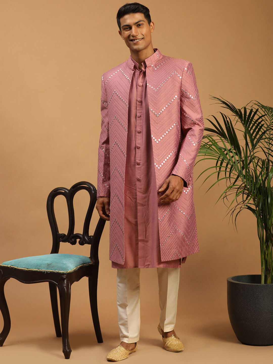 Buy VASTRAMAY Men Pink & Cream Coloured Mirror Work Front Open Sherwani ...