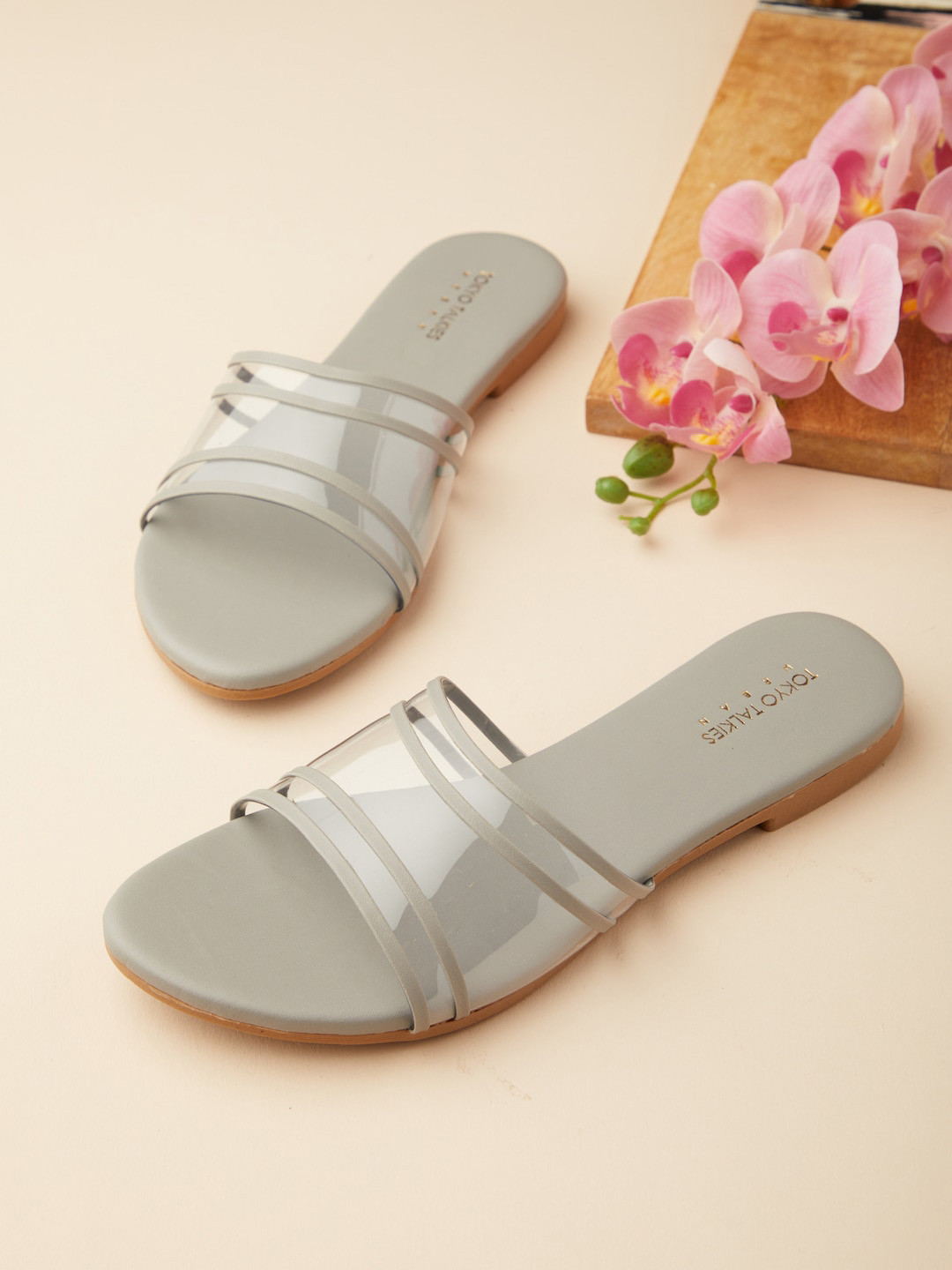 Buy Tokyo Talkies Women Grey & Transparent Striped Open Toe Flats ...