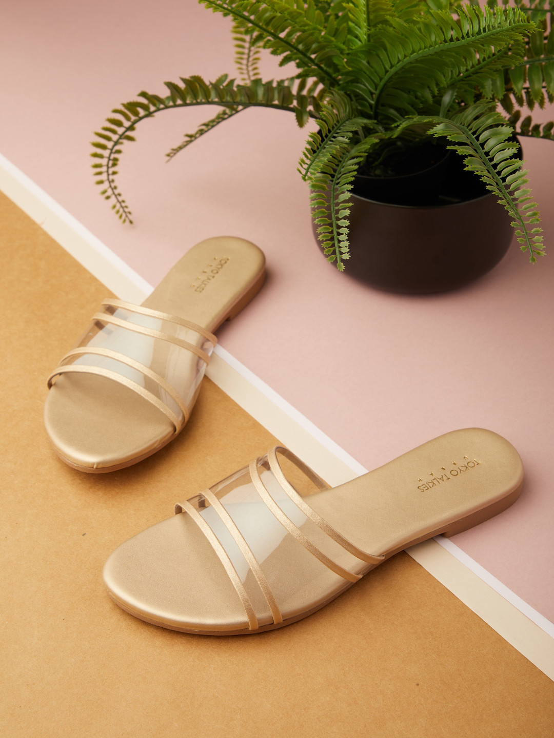 Buy Tokyo Talkies Women Gold Toned & Transparent Striped Open Toe Flats ...