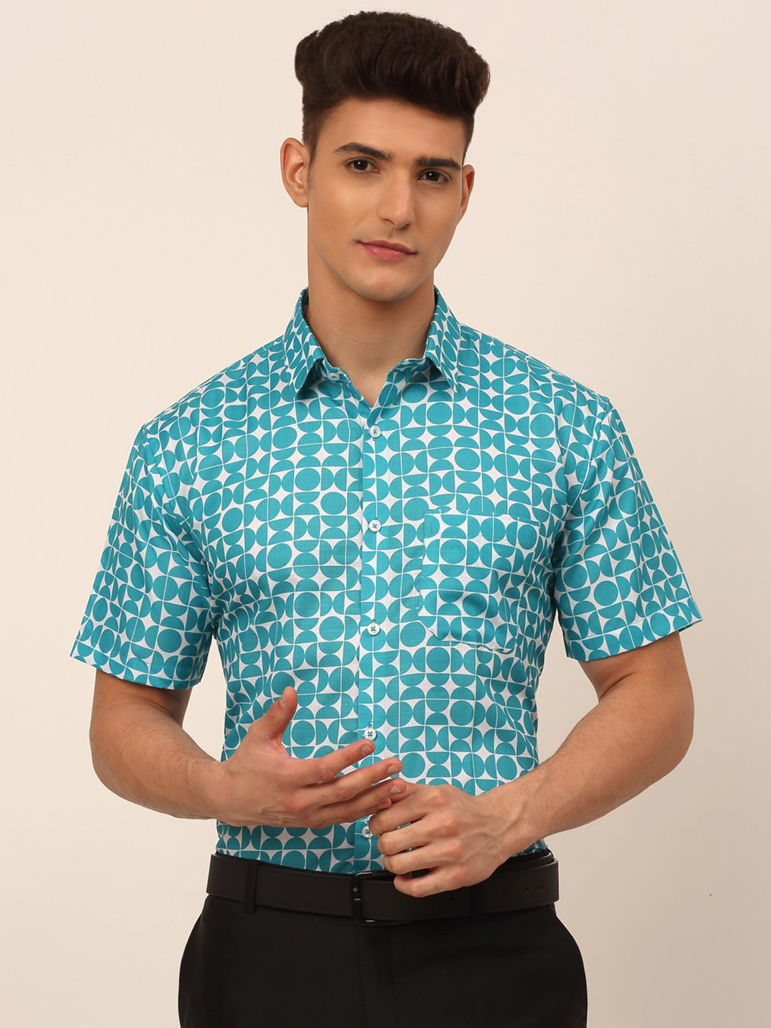 Buy JAINISH Men Turquoise Blue Classic Printed Pure Cotton Formal Shirt ...