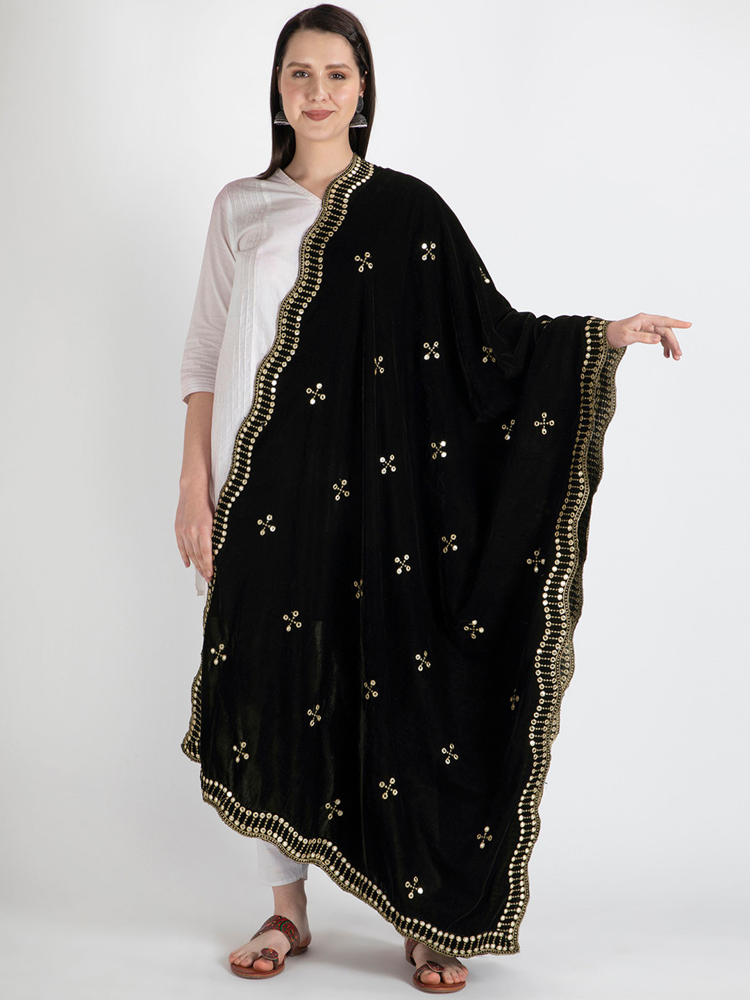Buy Moda Chales Women Black & Gold Toned Embroidered Velvet Shawl ...