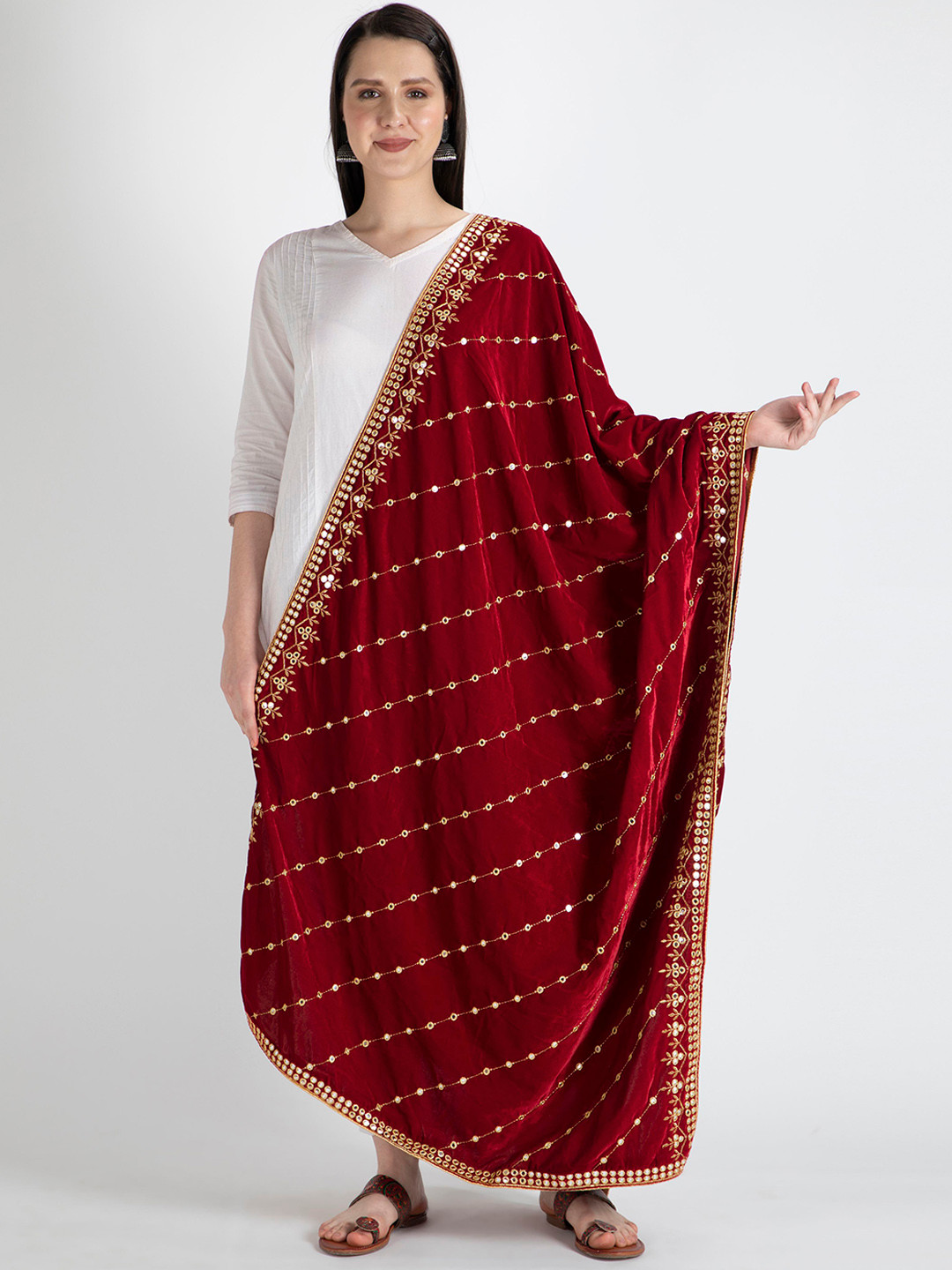 Buy Moda Chales Women Maroon & Gold Toned Embroidered Velvet Shawl ...