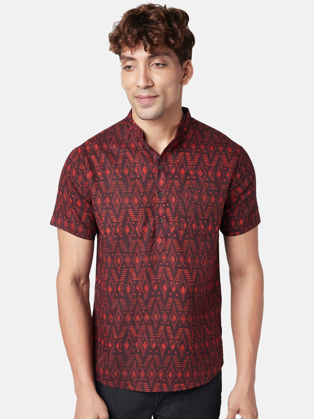 Buy Indus Route By Pantaloons Men Red Geometric Printed Cotton Kurta ...